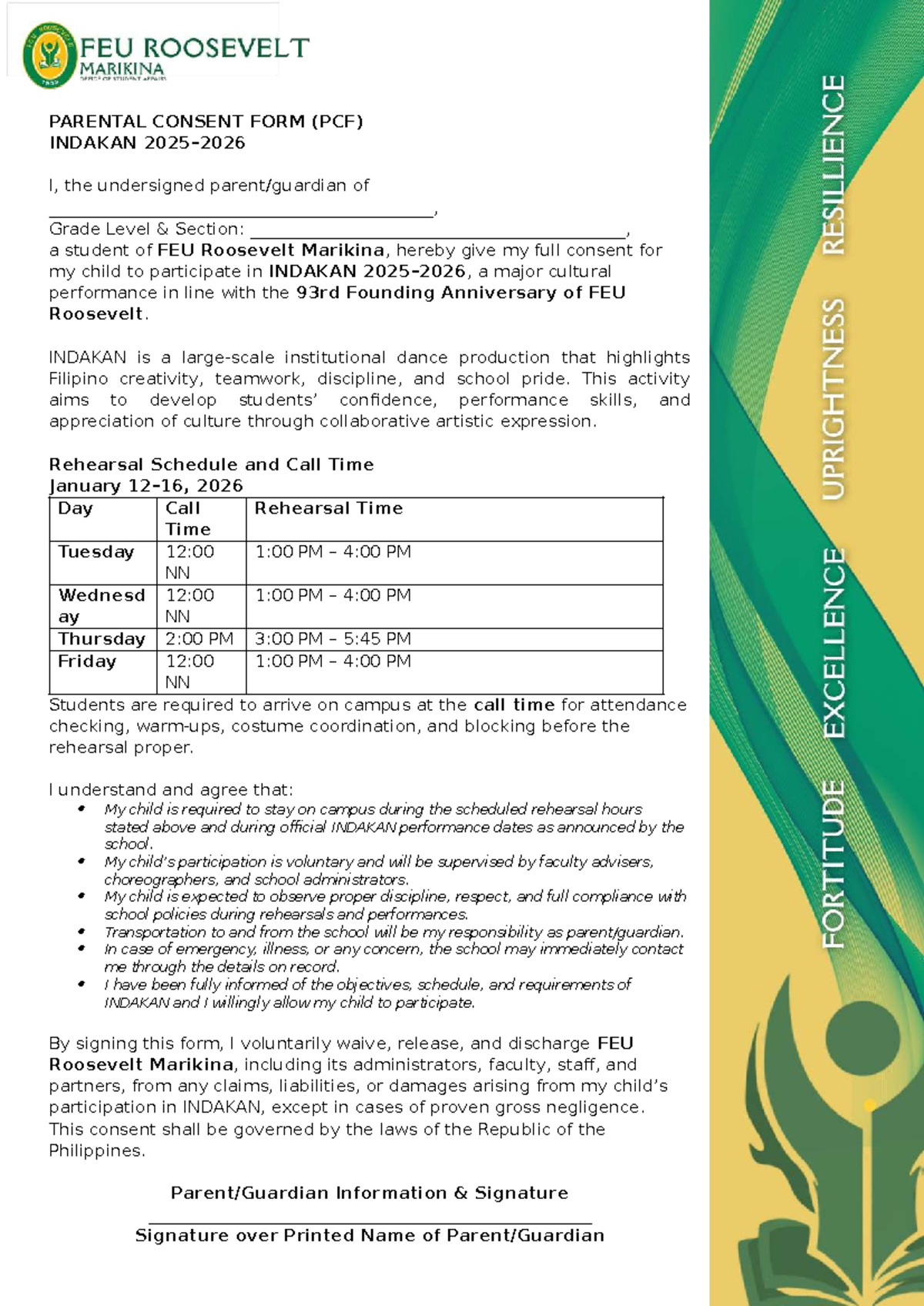 Parental Consent Form for INDAKAN Cultural Performance - Studocu