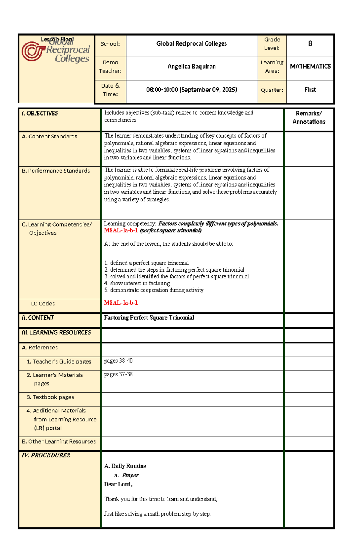 TMath 1 Lesson Plan: Factoring Perfect Square Trinomials for Grade 8 ...