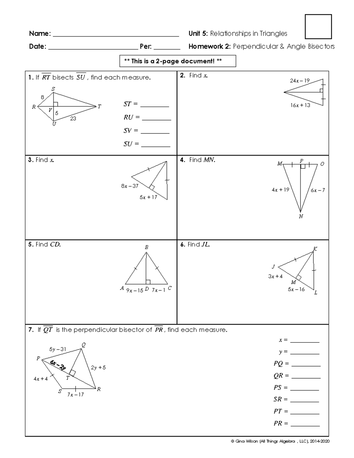 011625 Unit 5: Perpendicular & Angle Bisectors Homework CW - Studocu