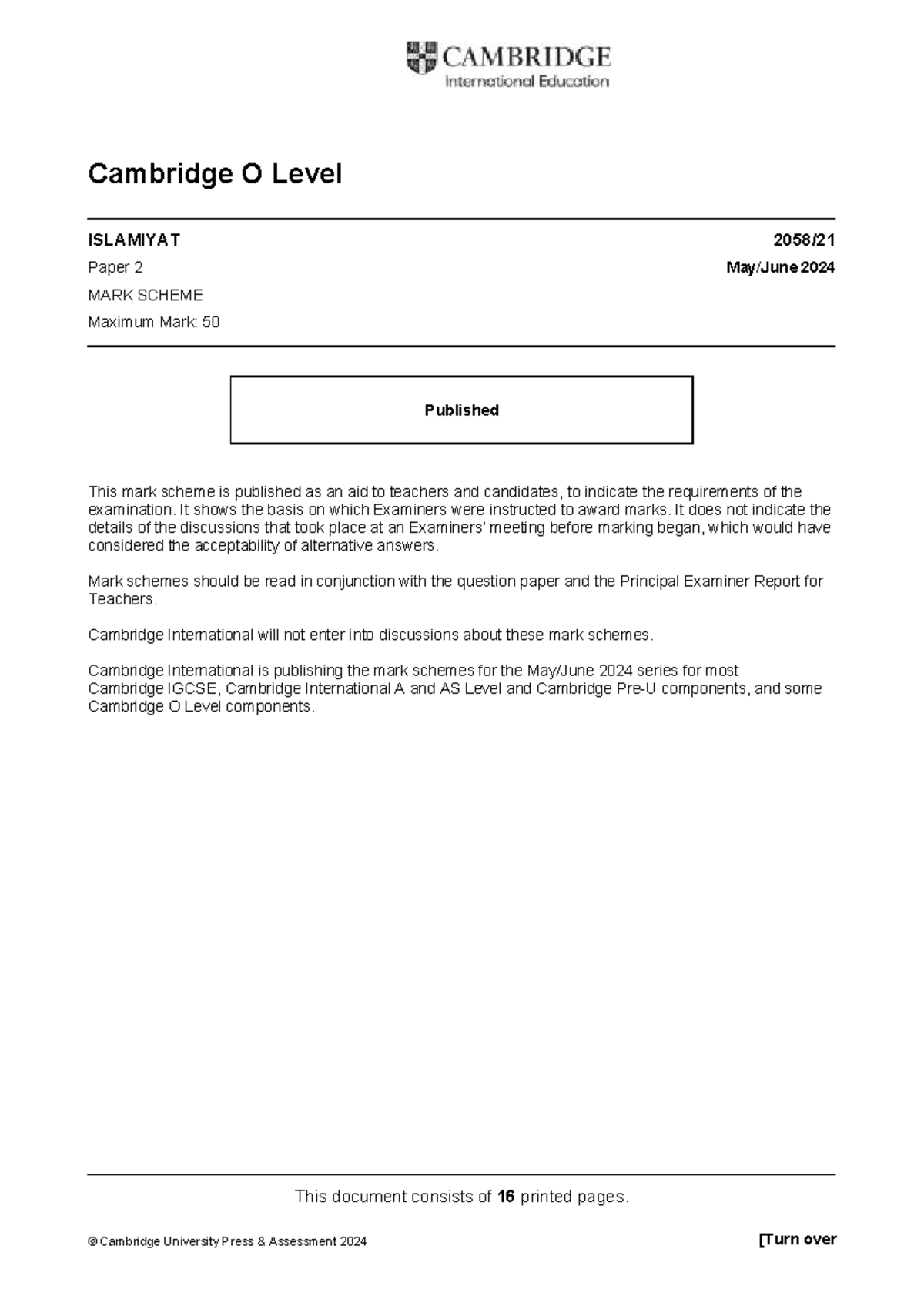 Cambridge O Level IslamiyaT 2058/ Paper 2 May/June 2024 - Mark Scheme ...