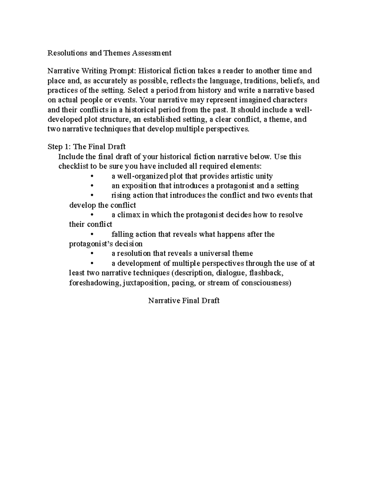 Historical Fiction Narrative Rubric: Resolutions & Themes Assessment ...