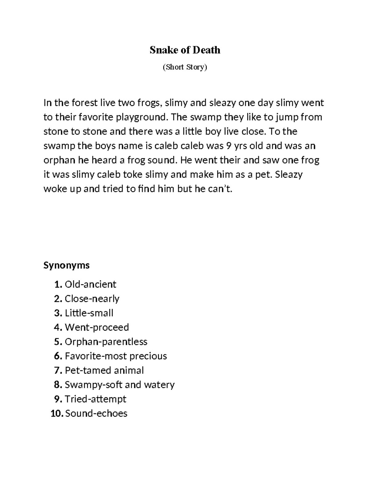 Short Story Assignment: The Tale of Slimy and Sleazy Frogs - Studocu