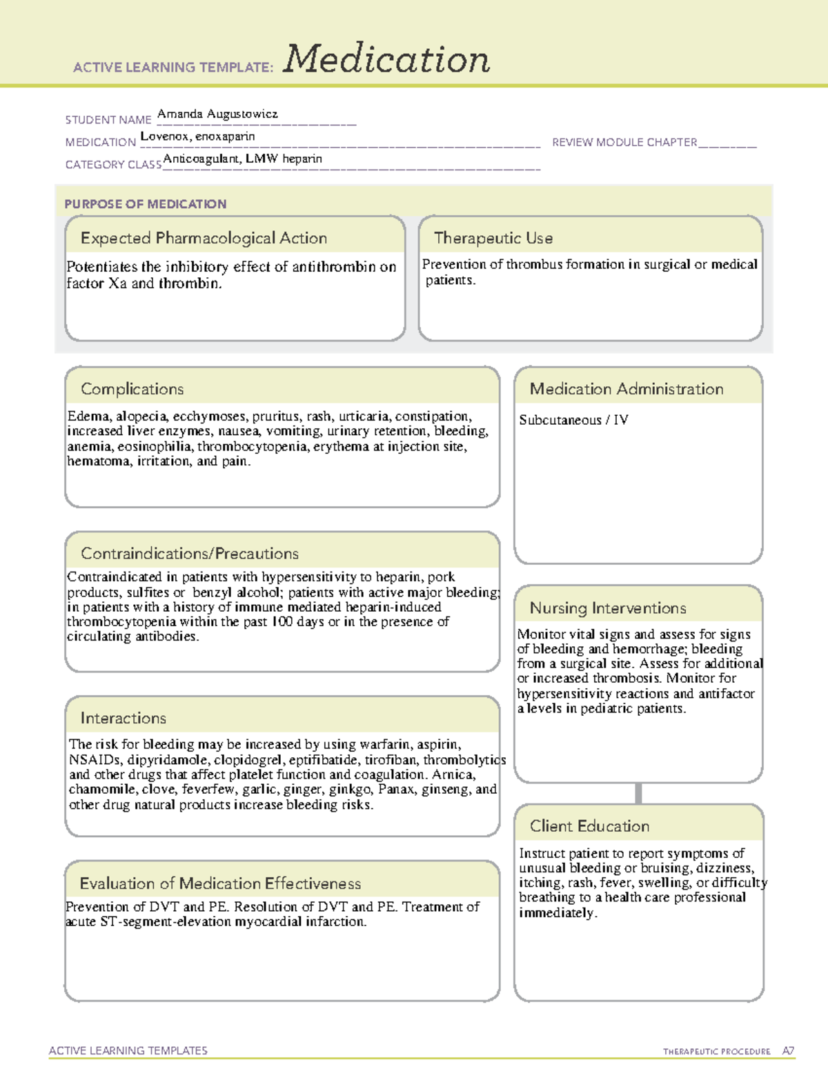 ACTIVE LEARNING TEMPLATE: Lovenox (Enoxaparin) Review Module - Studocu