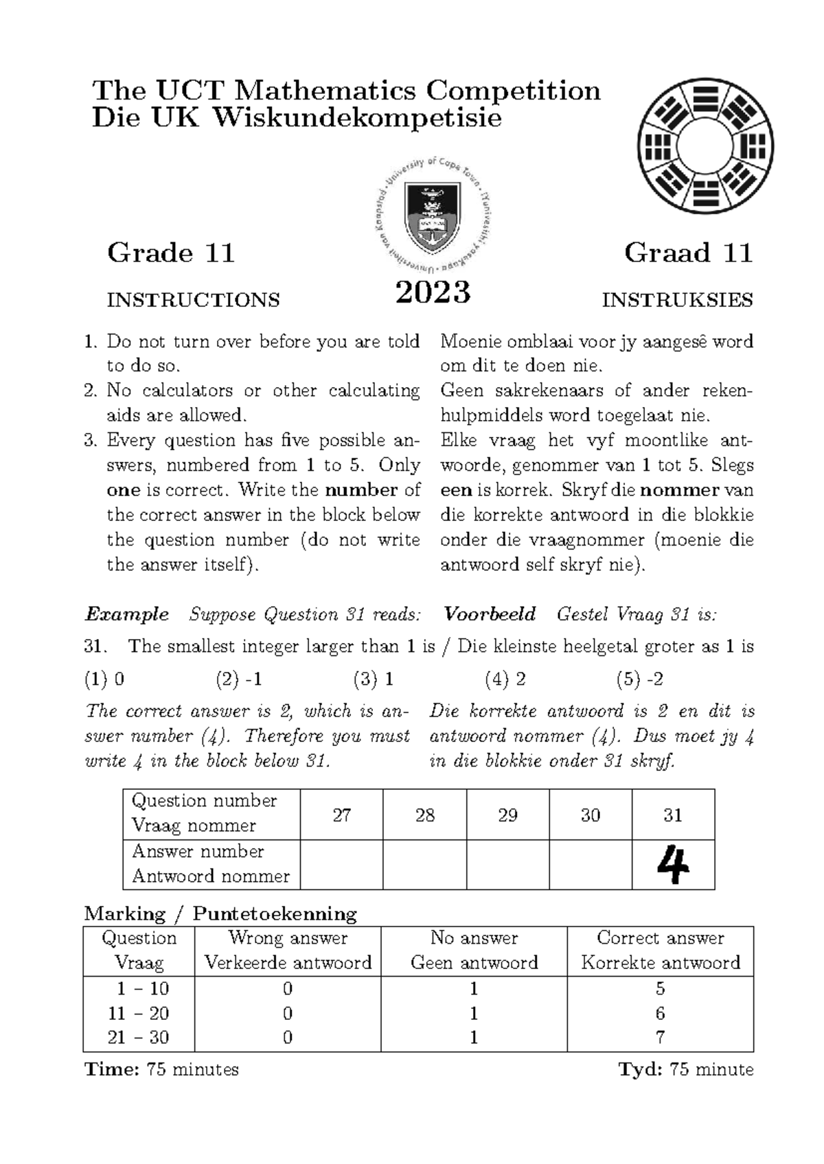 Grade 11 UCT mathematics competition questions and instructions - Studocu