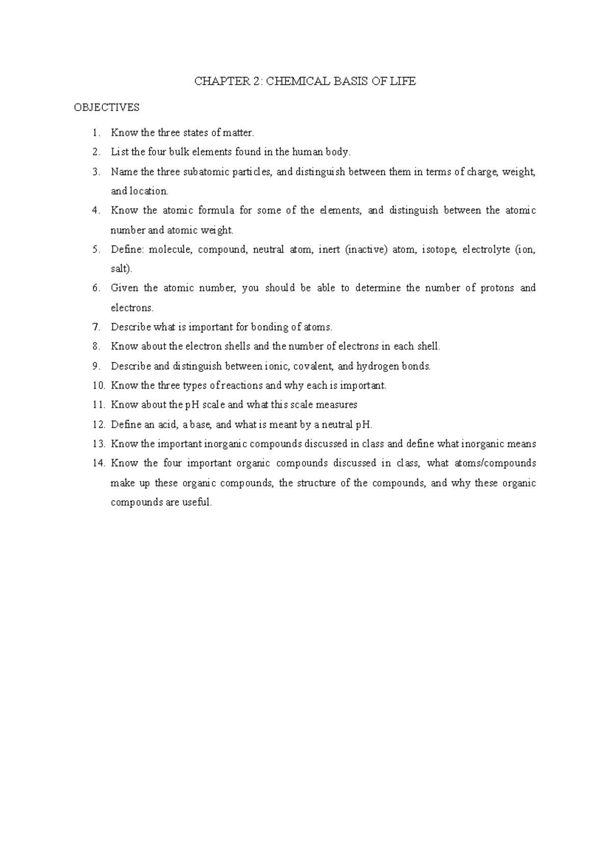 CH 2: Objectives on Chemical Basis of Life - Key Concepts & Terms - Studocu