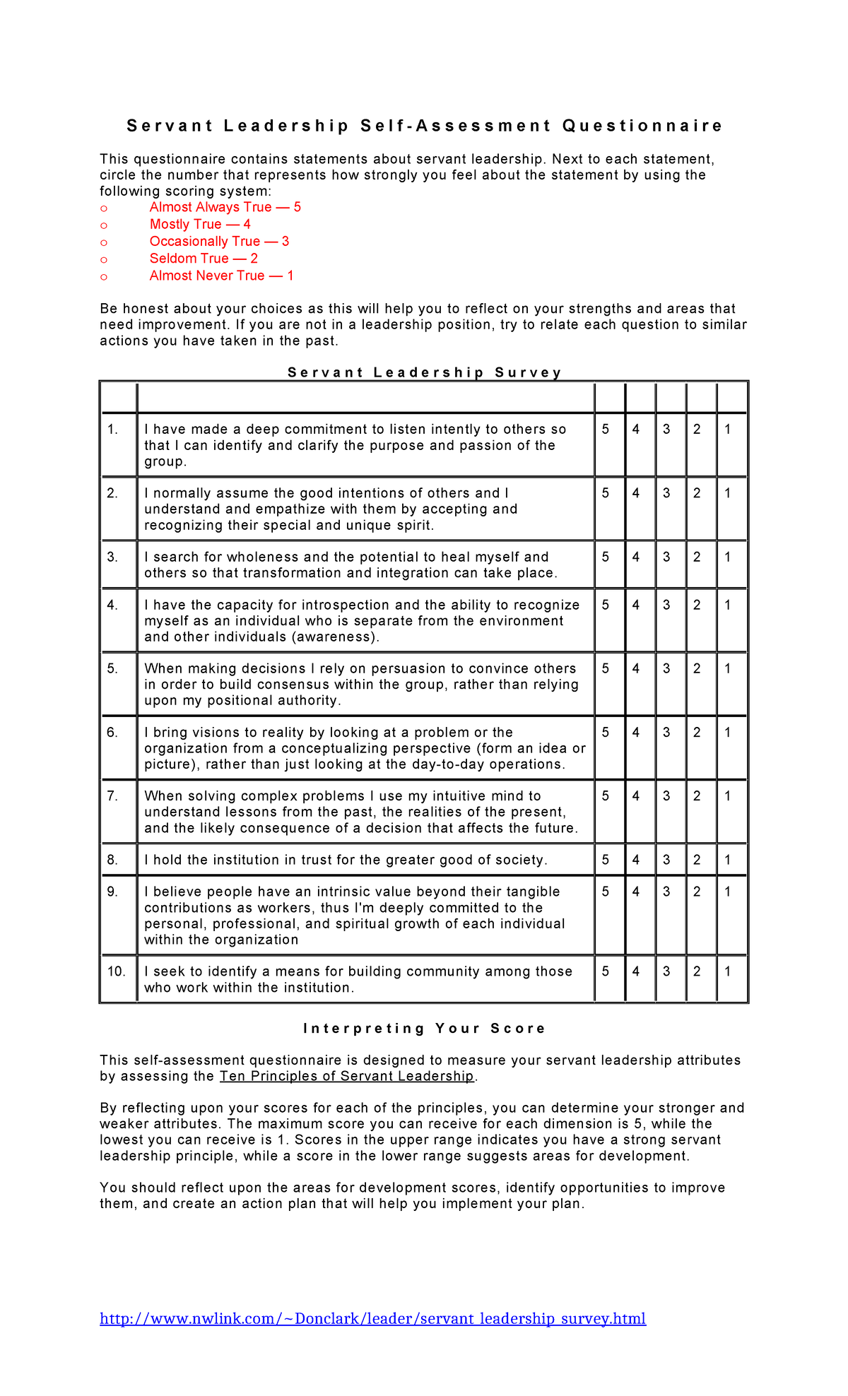 Servant Leadership Questionnaire: Self-Assessment II - Studocu