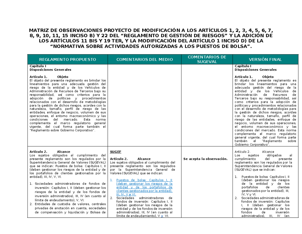 MATRIZ DE OBSERVACIONES Y RIESGOS DEL PROYECTO DE MODIFICACIÓN IV - Studocu