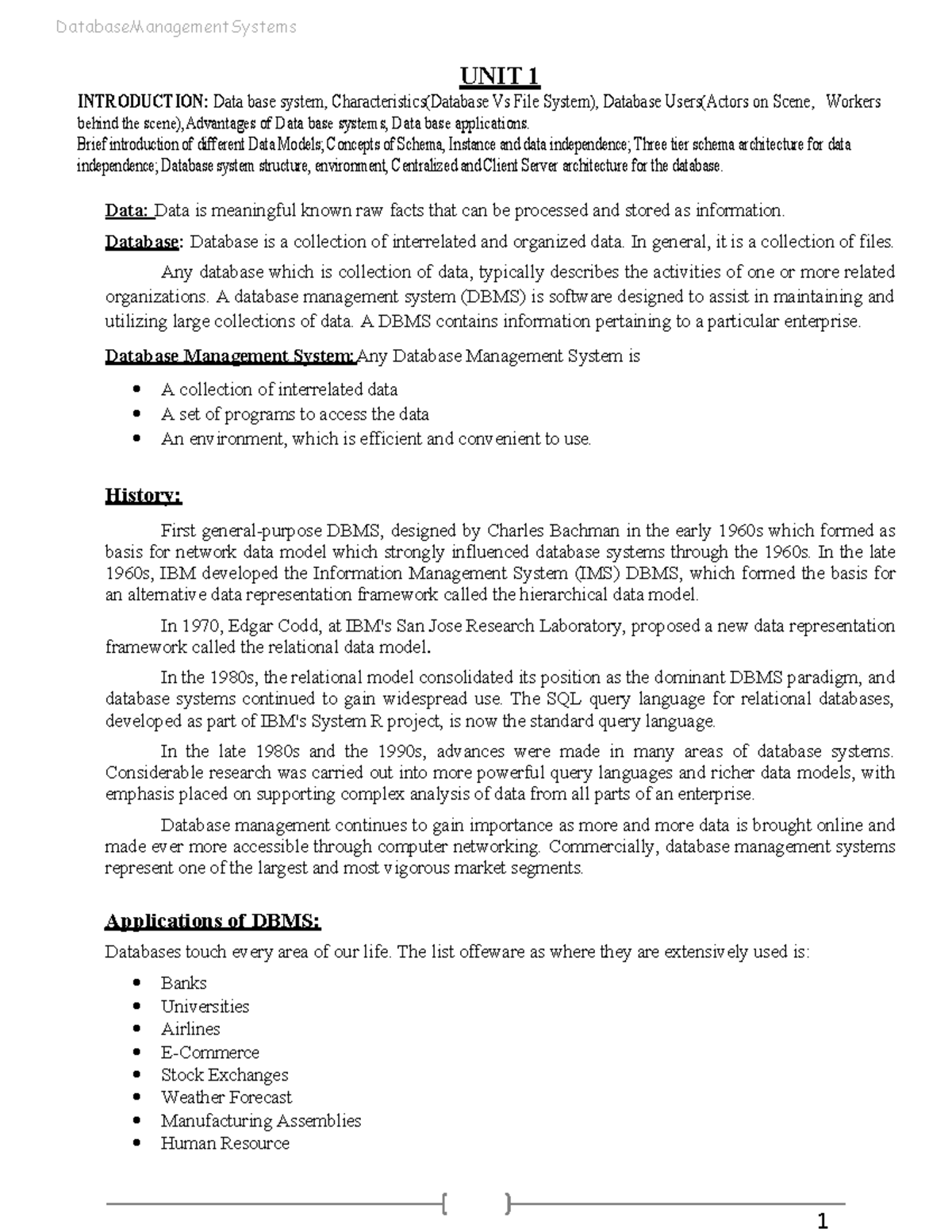 DBMS UNIT 1: Introduction to Database Management Systems - Studocu