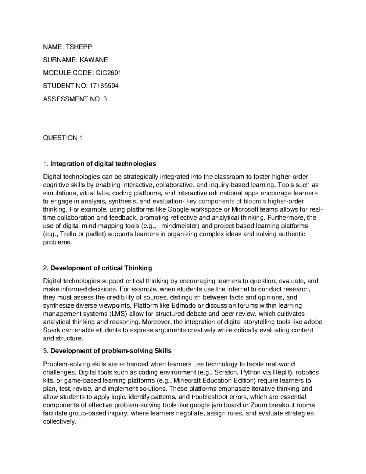 CIC2601 3 - Digital Technologies in Education: Integration & Evaluation - Studocu