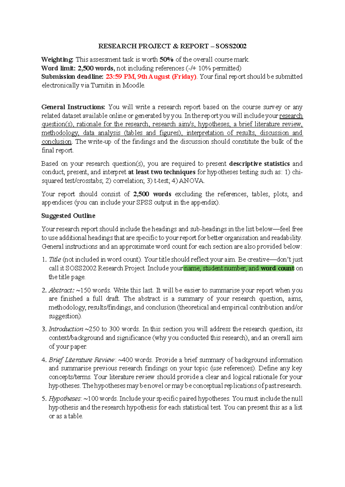 Instructions and Rubric for Research Report - RESEARCH PROJECT & REPORT ...