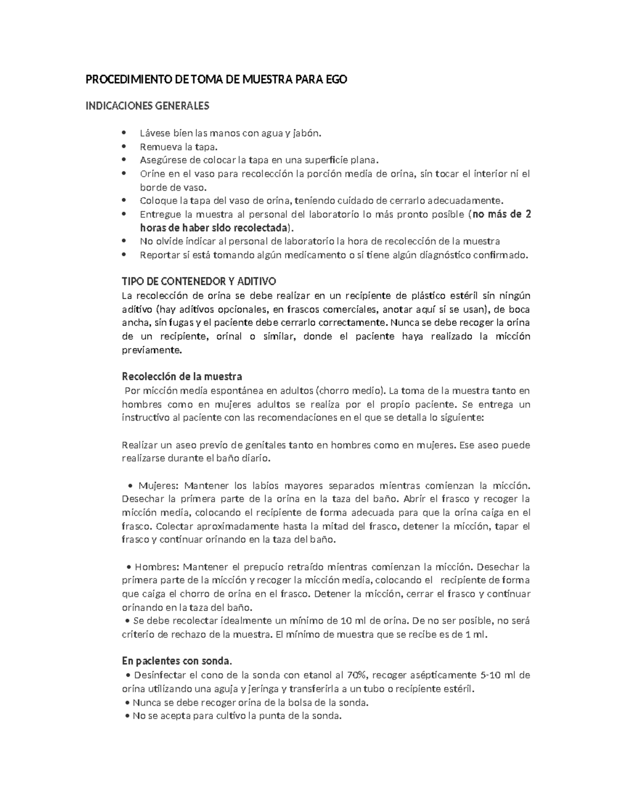 Procedimiento de Toma de Muestra para EGO y Biometría Hemática - Studocu