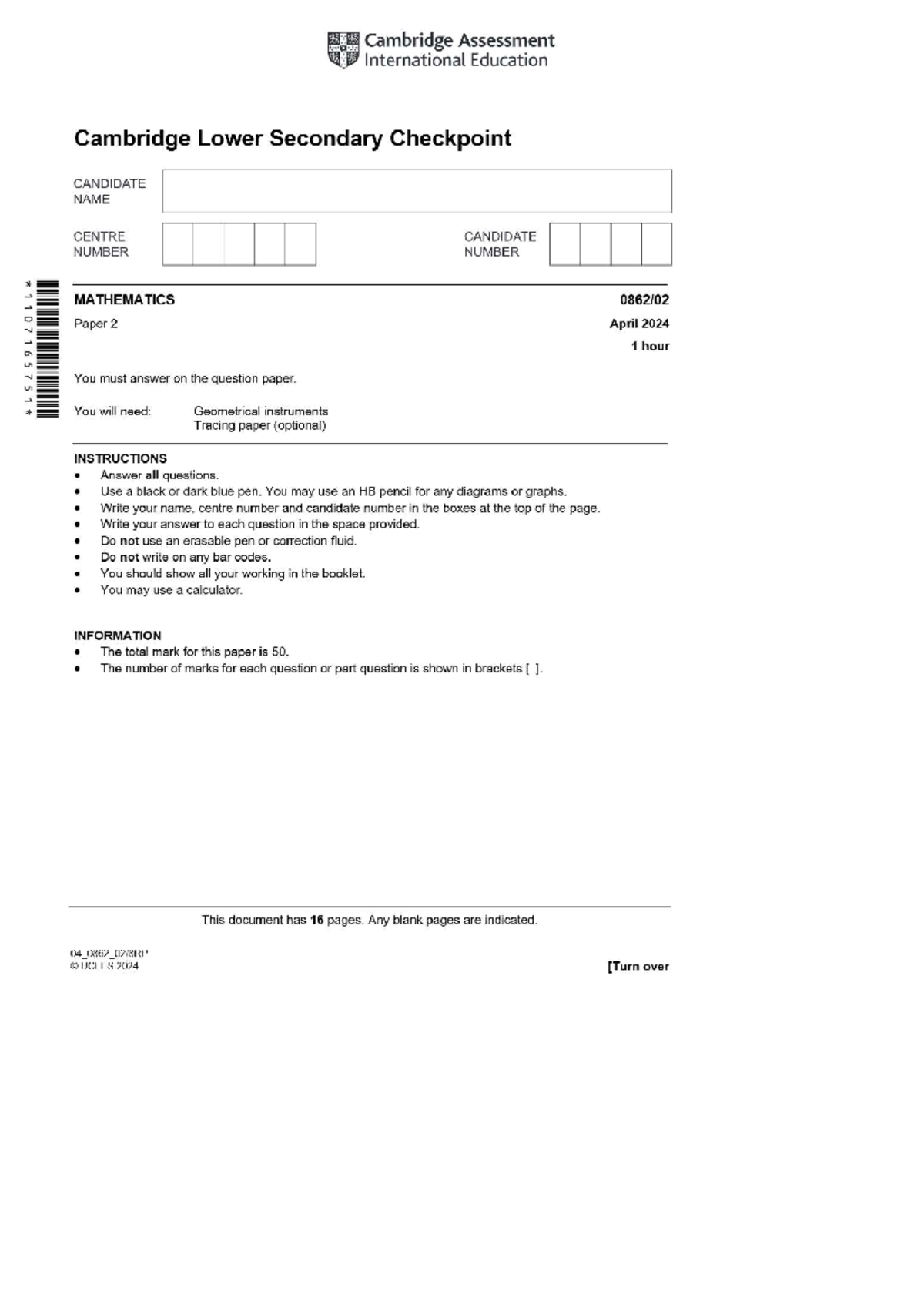 Cambridge Lower Secondary Checkpoint Math Paper 2 (525912011) - April ...