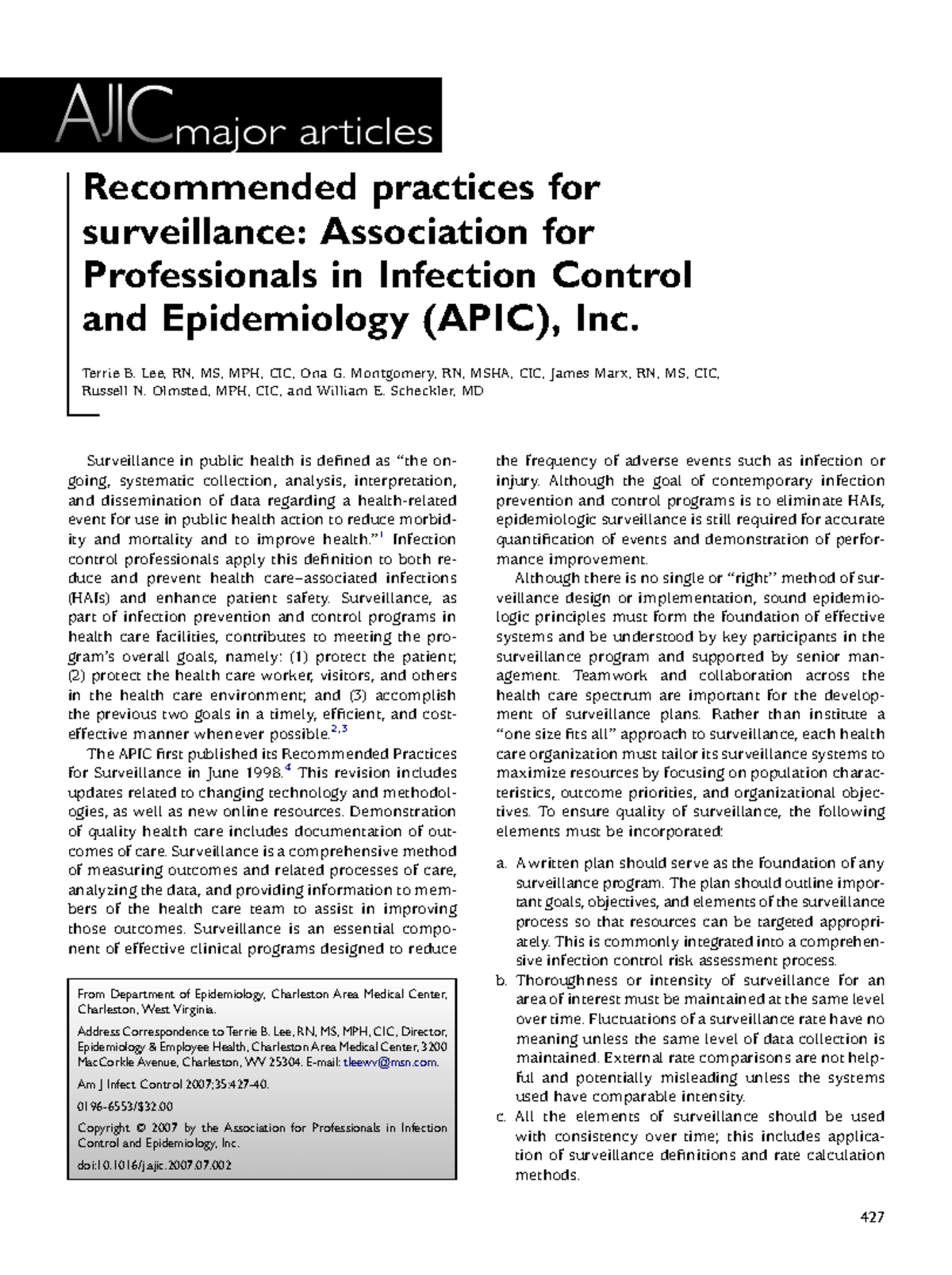 Recommended Practices for Surveillance in Infection Control (APIC ...