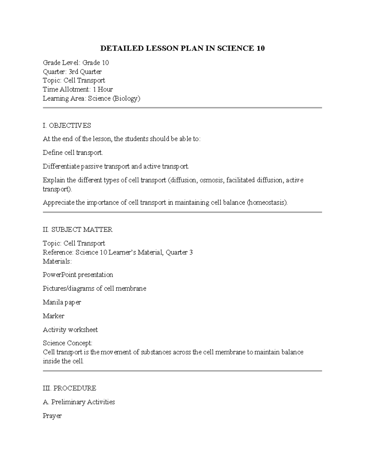 Detailed Lesson Plan in Science 10: Cell Transport (3rd Quarter) - Studocu