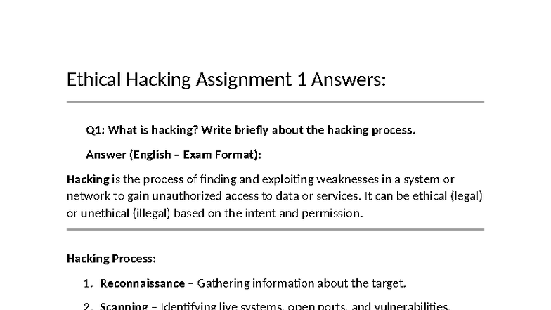 Ethical Hacking Assignment 1: Key Concepts & Processes Explained - Studocu