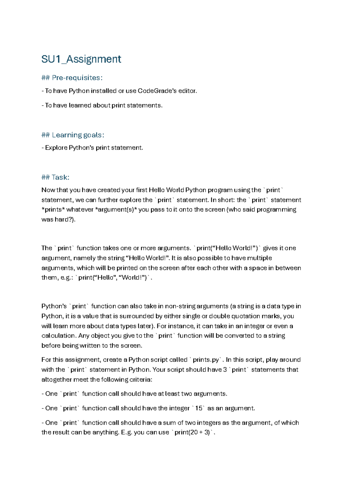 SU1_Assignment: Exploring Print Statements in Python - Studocu
