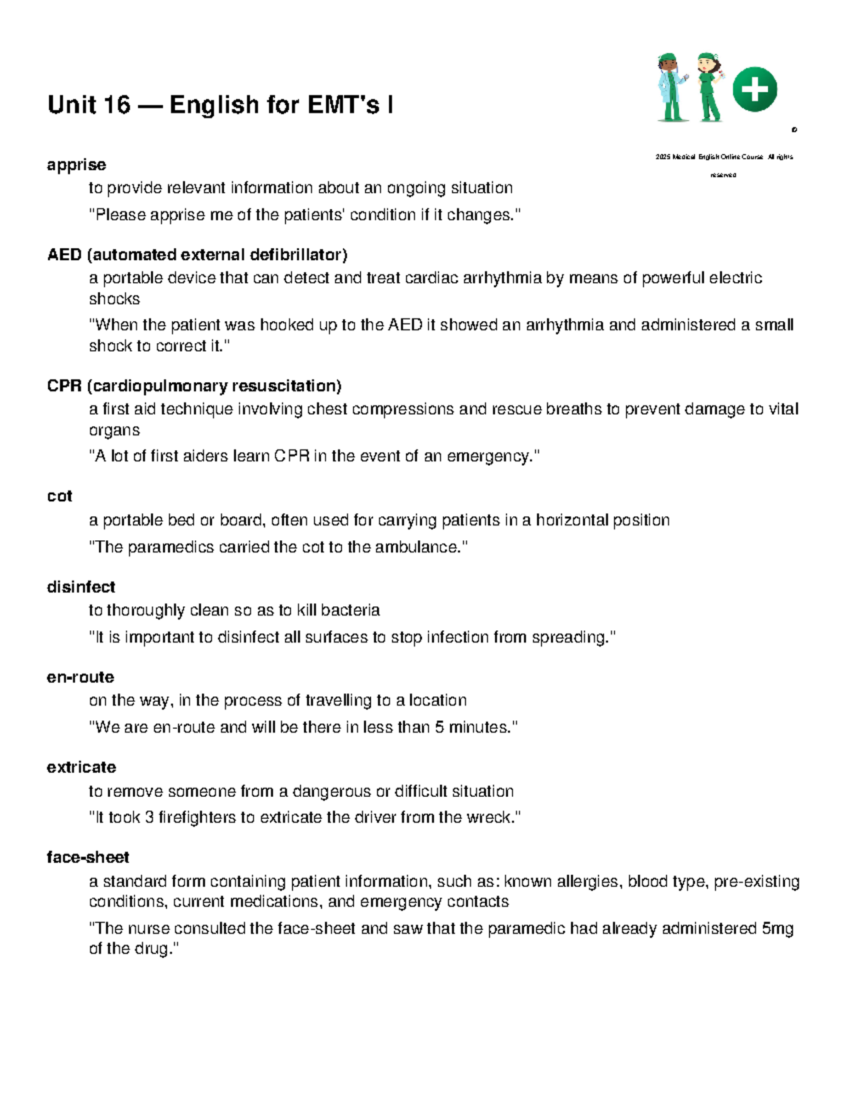 Unit 16 Vocabulary for EMT's I: Key Terms and Definitions - Studocu