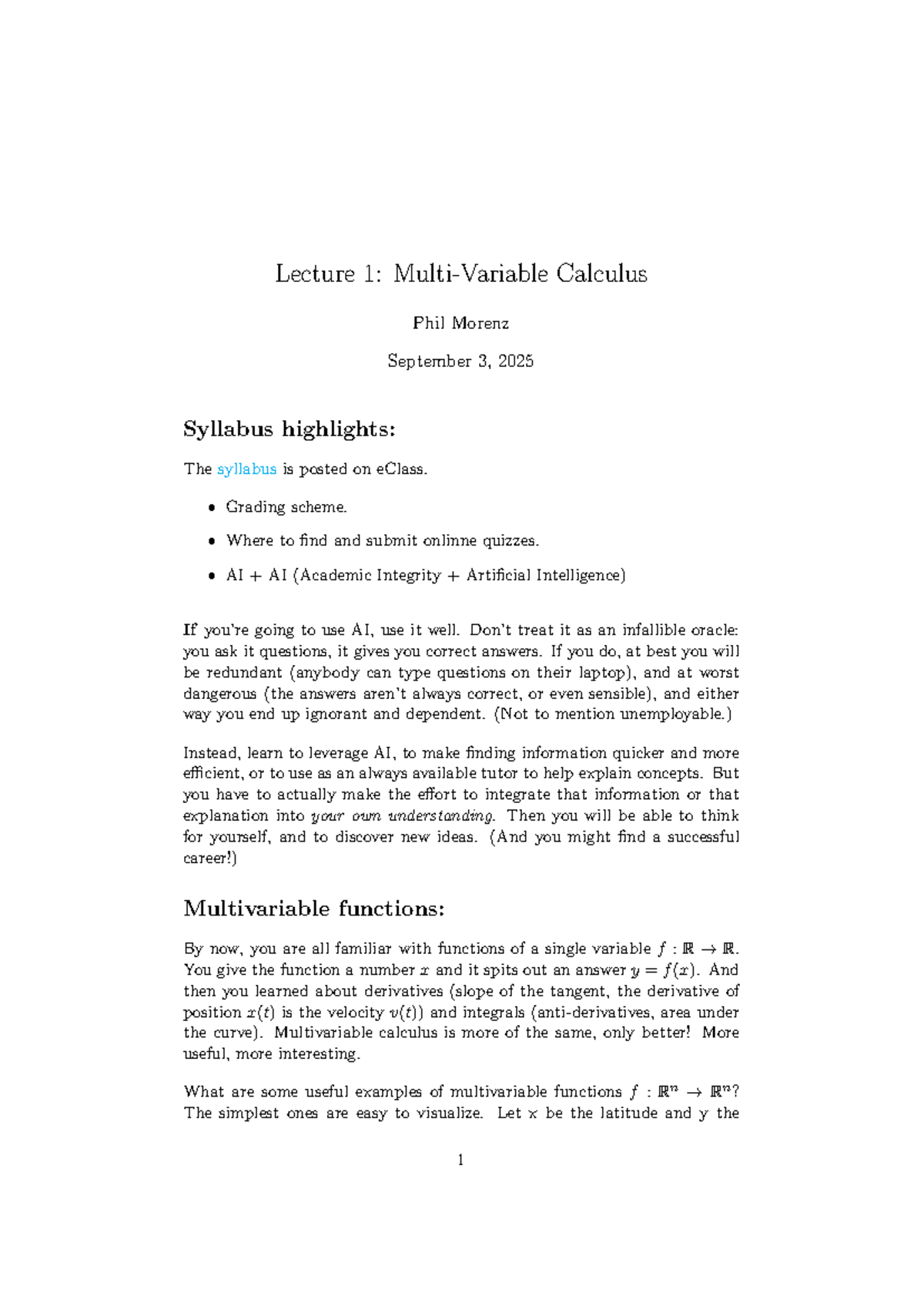 L1: Calculus Lecture Notes - Multivariable Functions & AI Integration ...