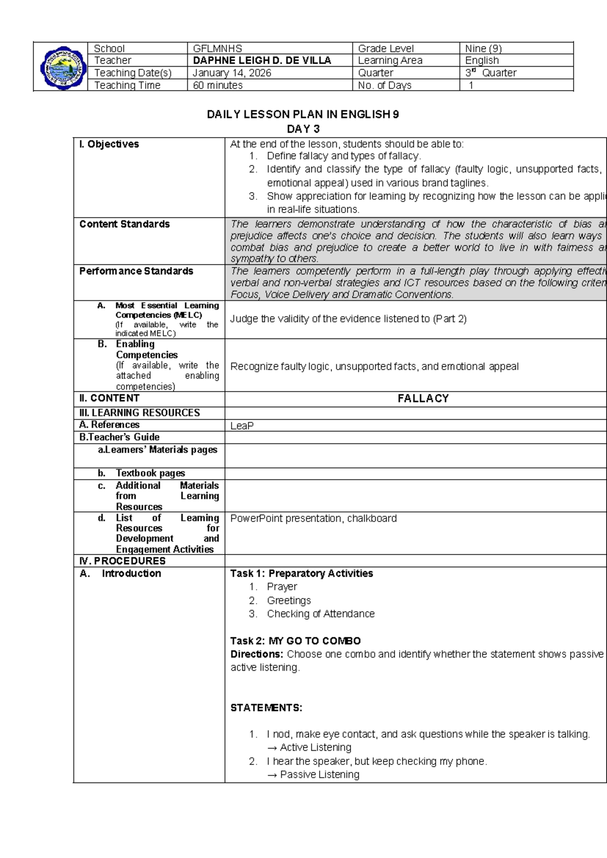 Daily Lesson Plan in English 9 - Week 7, Day 3 (GFLMNHS) - Studocu