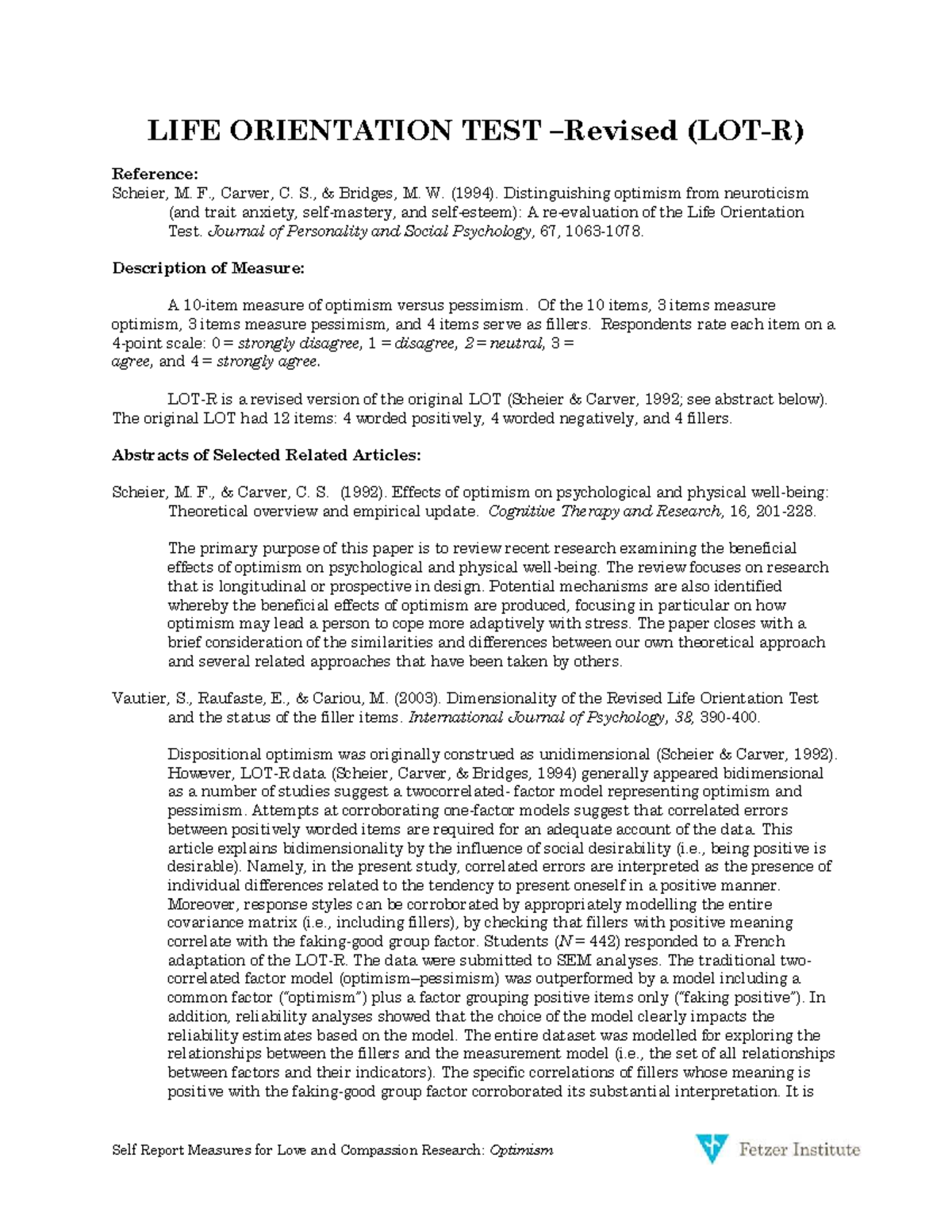 LIFE ORIENTATION TEST (LOT) Revised: Understanding Optimism vs ...