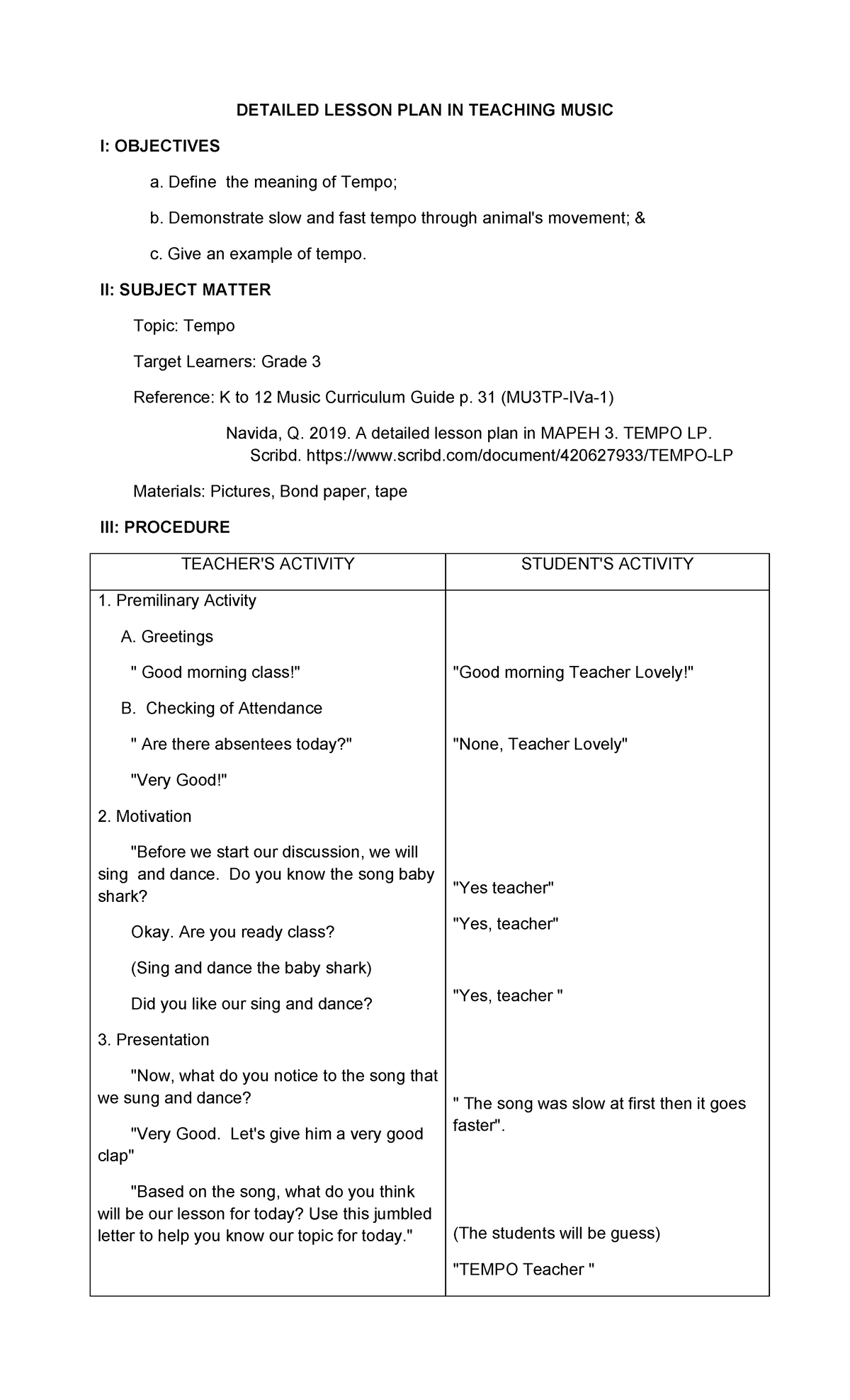 Elementary Music Lesson Plan: Understanding Tempo (MU3TP-IVa-1) - Studocu