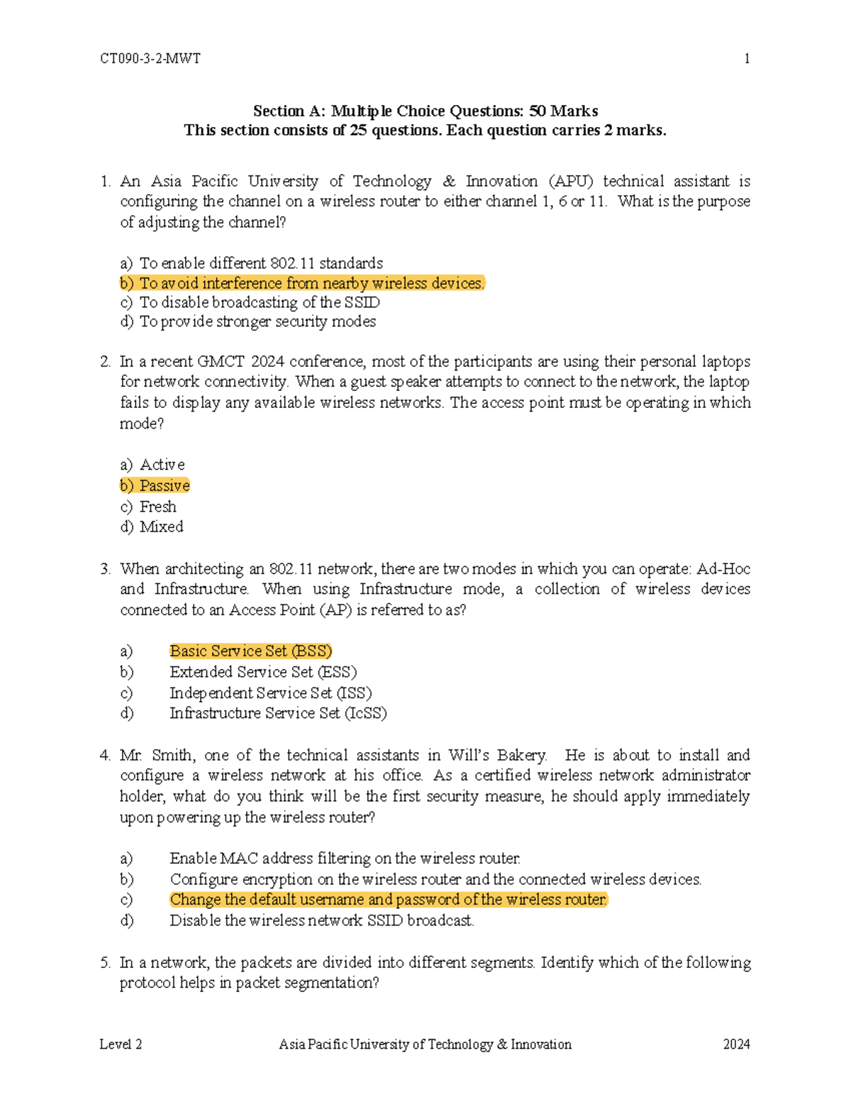 VE01 MWT APU Final Exam Questions & Answers on Wireless Networking ...