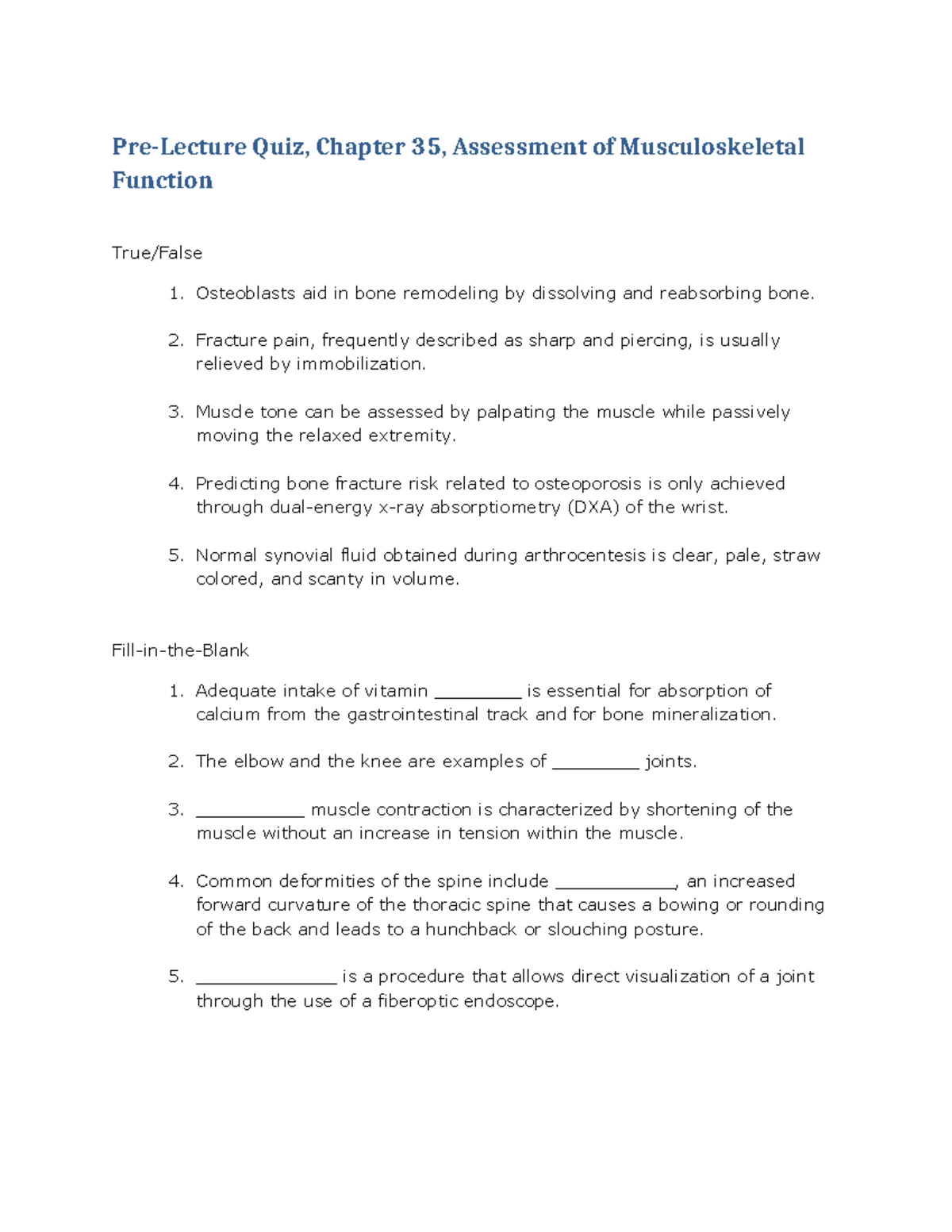 PLQ Chapter 35 - n/a - Pre-Lecture Quiz, Chapter 35, Assessment of ...
