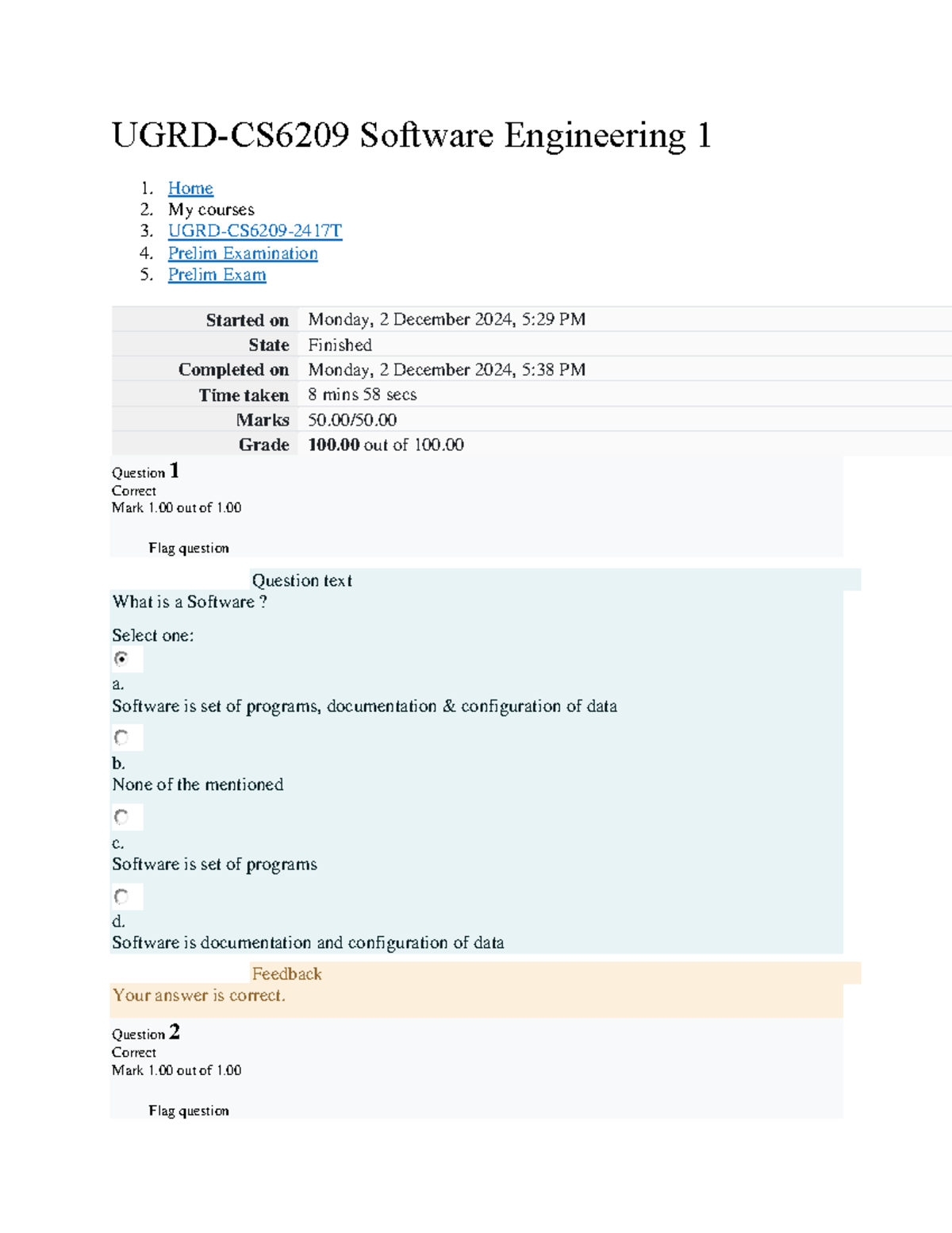 Software engineering 1 Prelim exam - UGRD-CS6209 Software Engineering 1 1. Home 2. My courses 3 ...