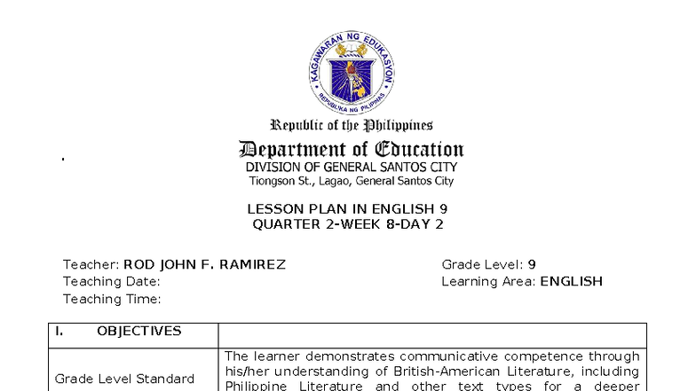 ENGLISH 9 Q2 LESSON PLAN: LITERATURE IN A VUCA WORLD - Studocu