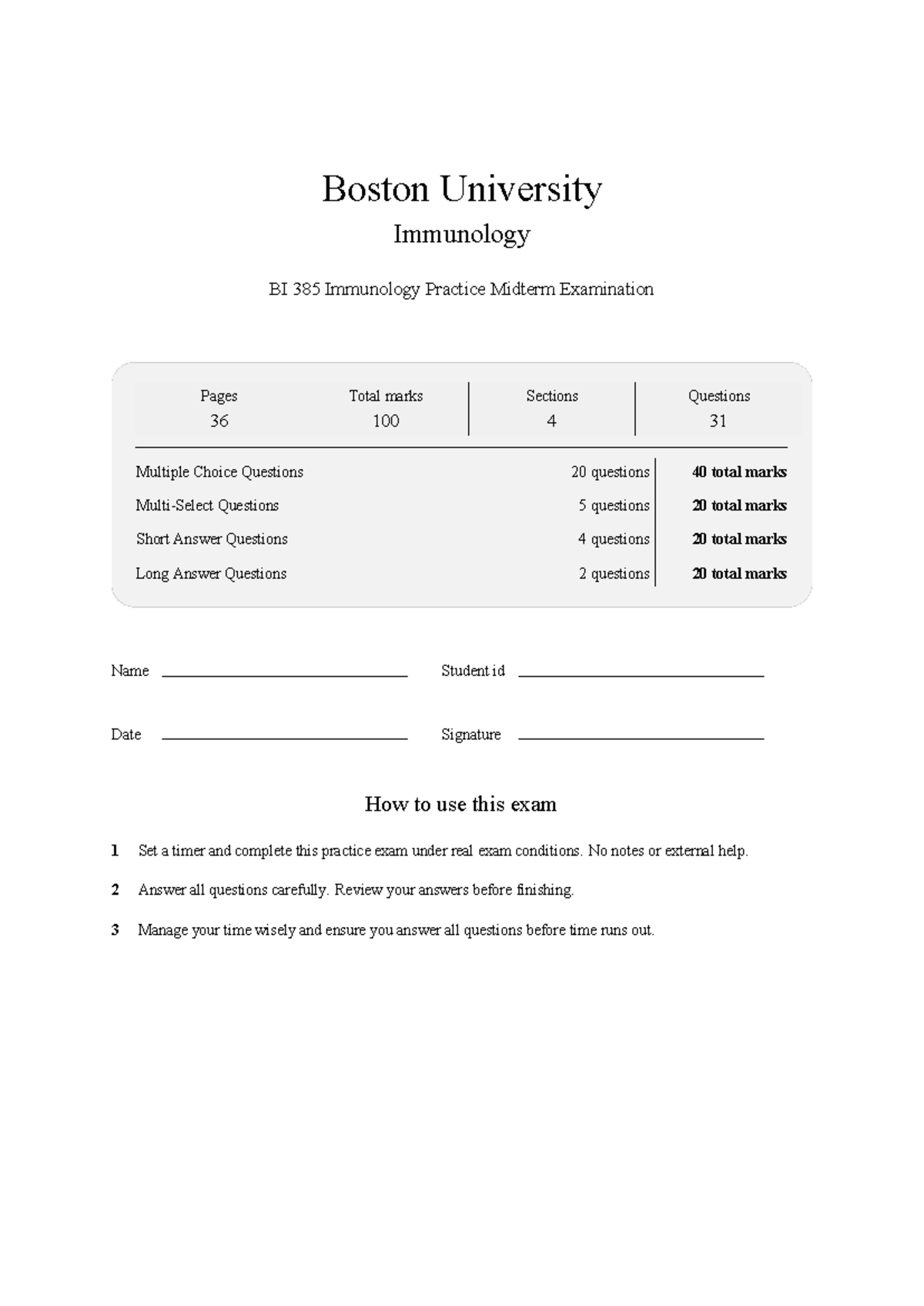 Boston University BI 385 Immunology Practice Midterm Exam 2026 - Studocu