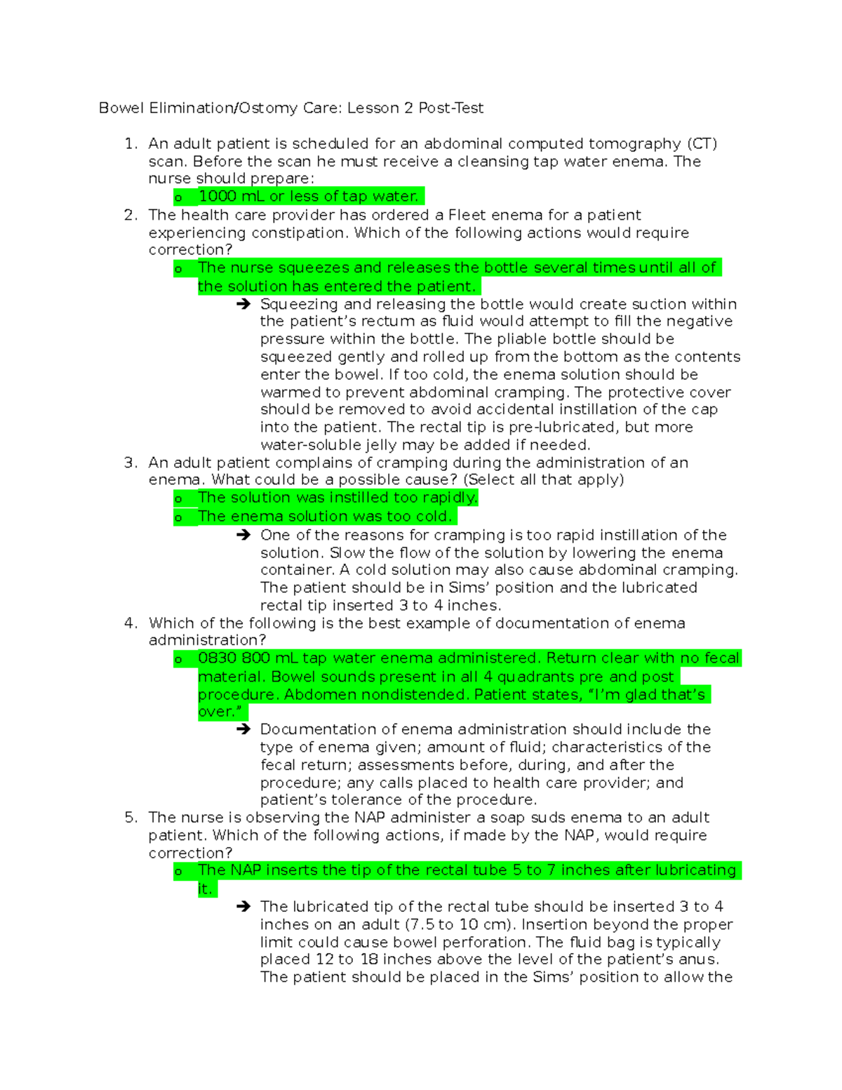 Bowel Elimination/Ostomy Care Lesson 2 Post-Test Review Notes - Studocu