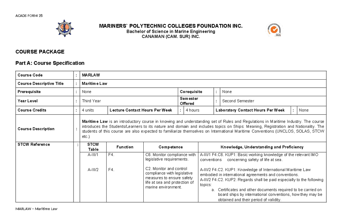 MARLAW Maritime Law Course Package - Detailed Teaching Syllabus - Studocu