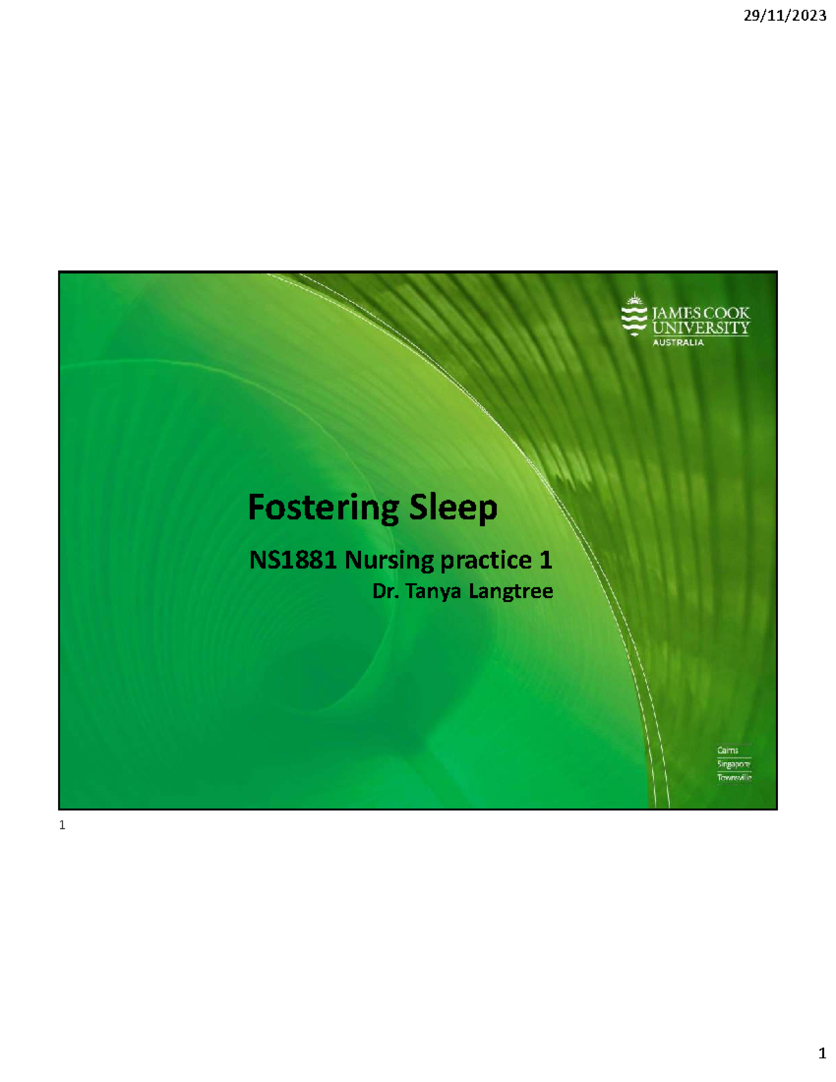 NS1881 Lecture: Fostering Sleep in Nursing Practice - Studocu
