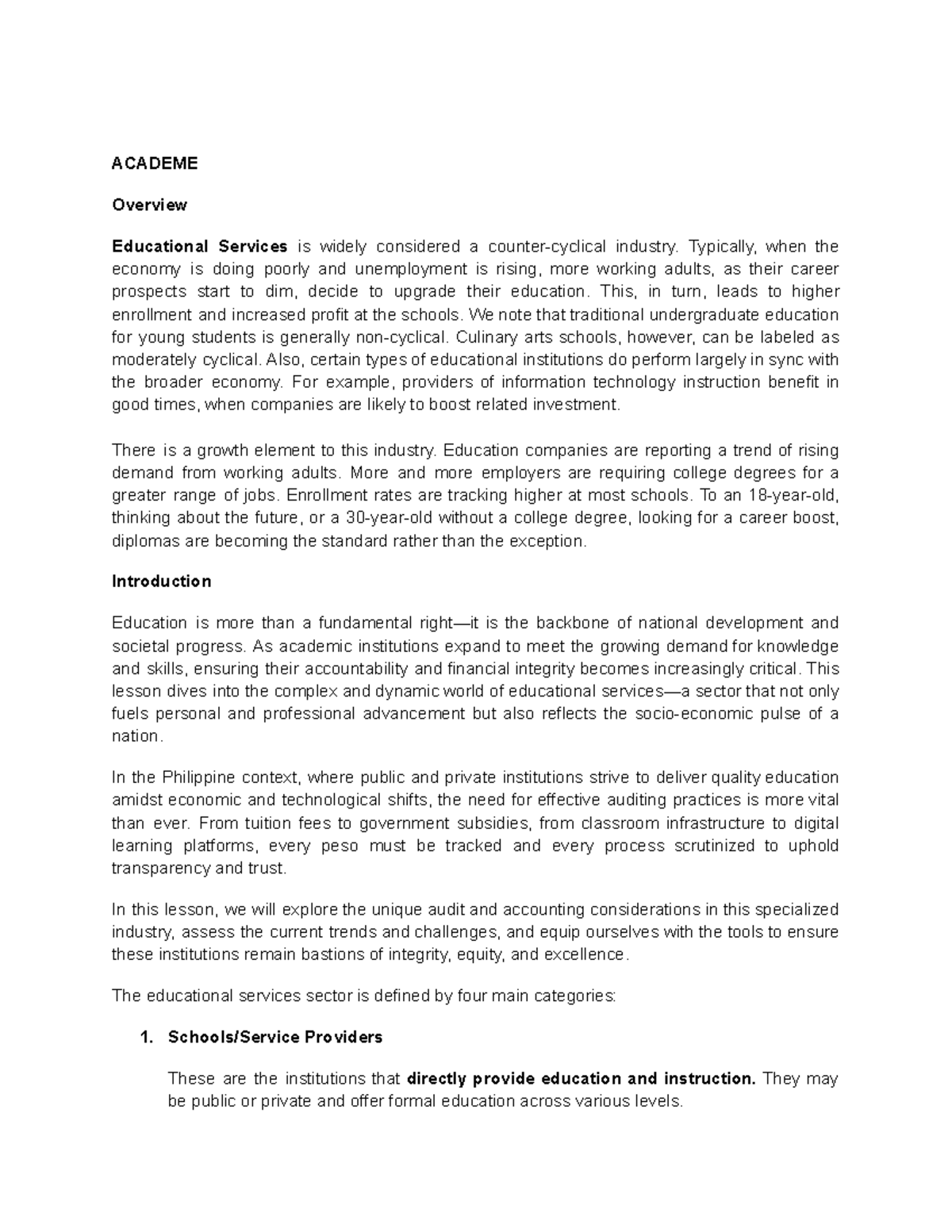 EDUC 101: Overview of Educational Services and Trends in the ...