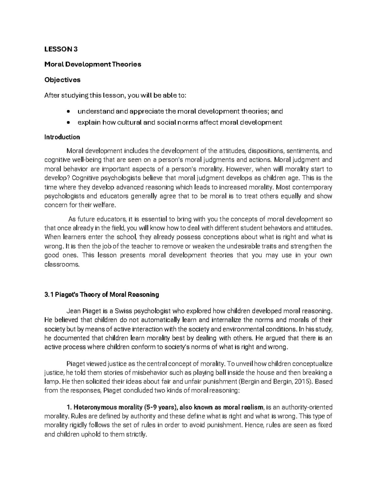Lesson 3: Moral Development Theories - Midterm Overview - Studocu