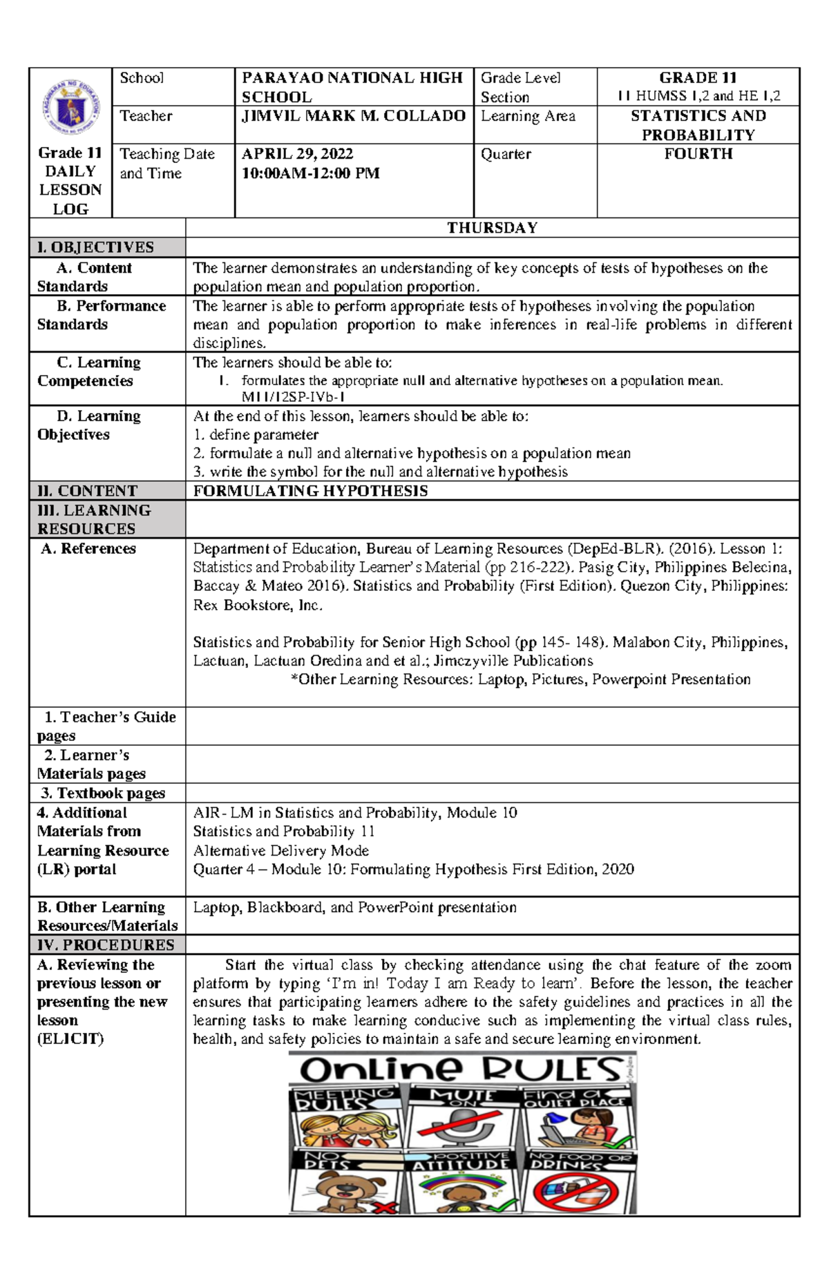 COT 1 DLL Gifted - LESSON PLAN (SAMPLE) - Grade 11 DAILY LESSON LOG ...