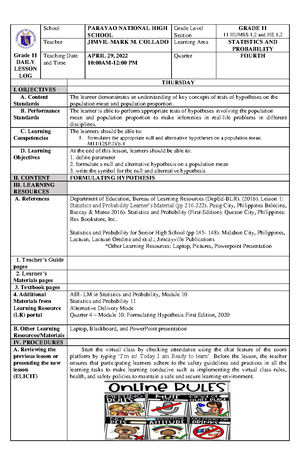 Cot1-statistics - Lesson Plan: Random Sampling - LESSON PLAN/ LESSON ...