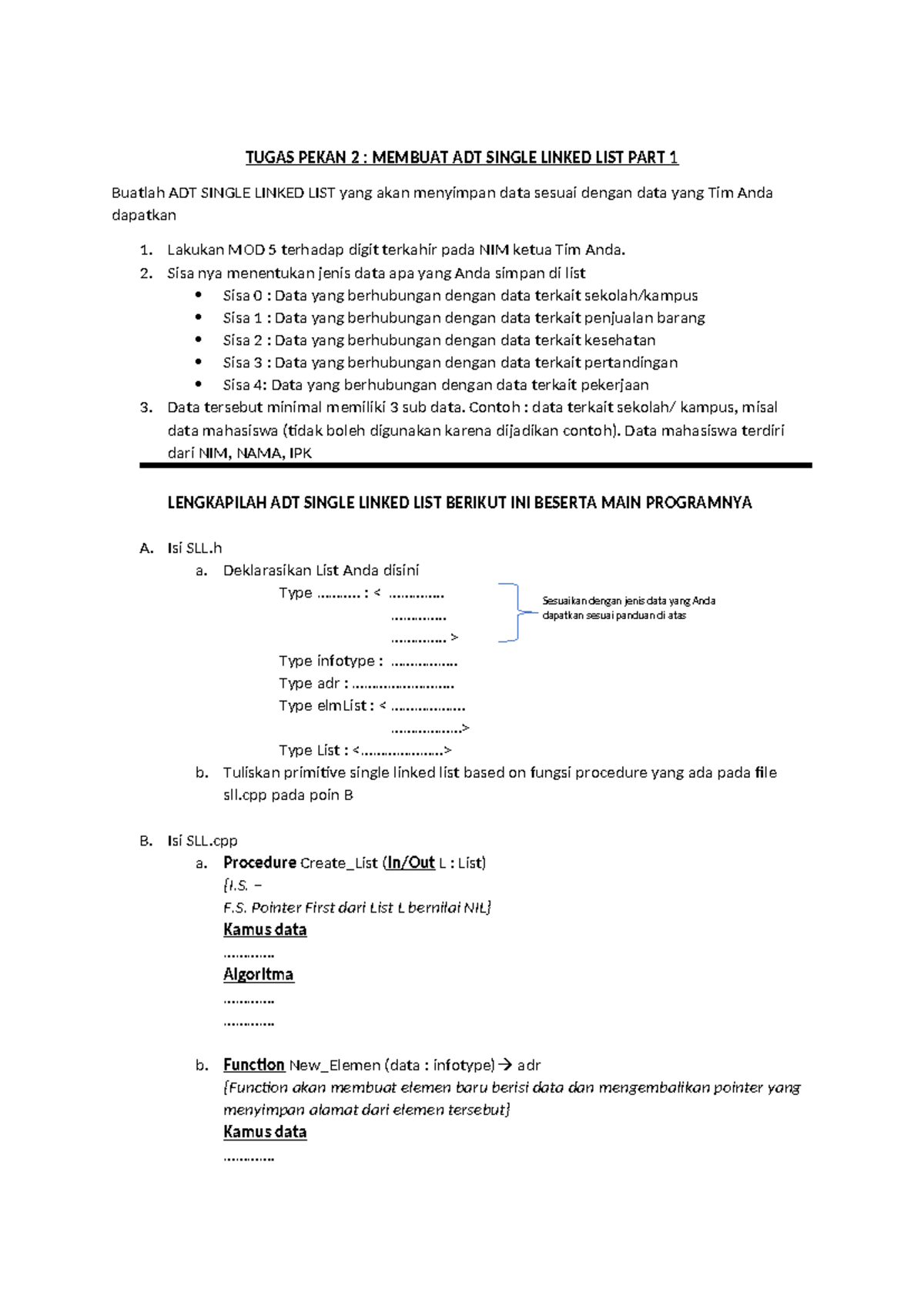 Tugas Pekan 2: Implementasi ADT Single Linked List (SLL) - Studocu