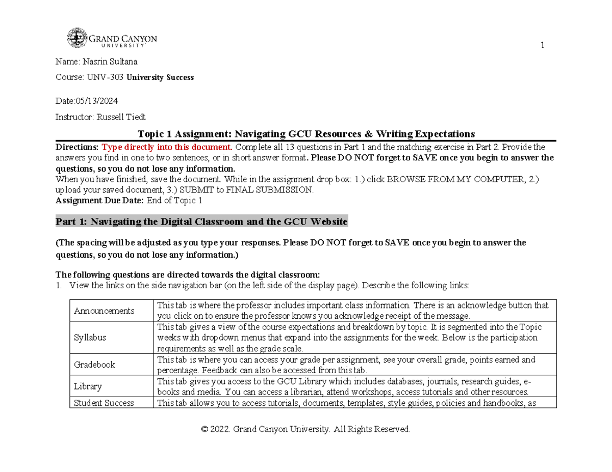 UNV-303 Topic 1: GCU Resources Assignment Worksheet & Answers - Studocu