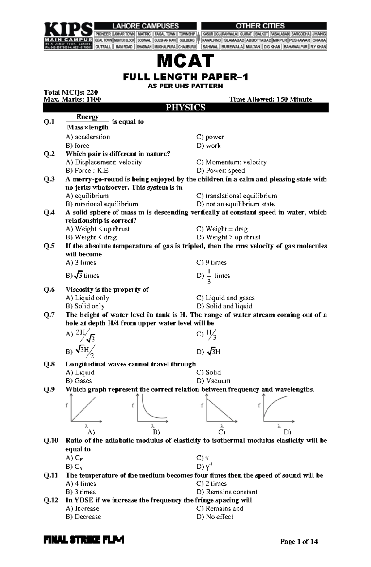 MCAT Full Length Practice Test - UHS Pattern (Physics & Chemistry ...