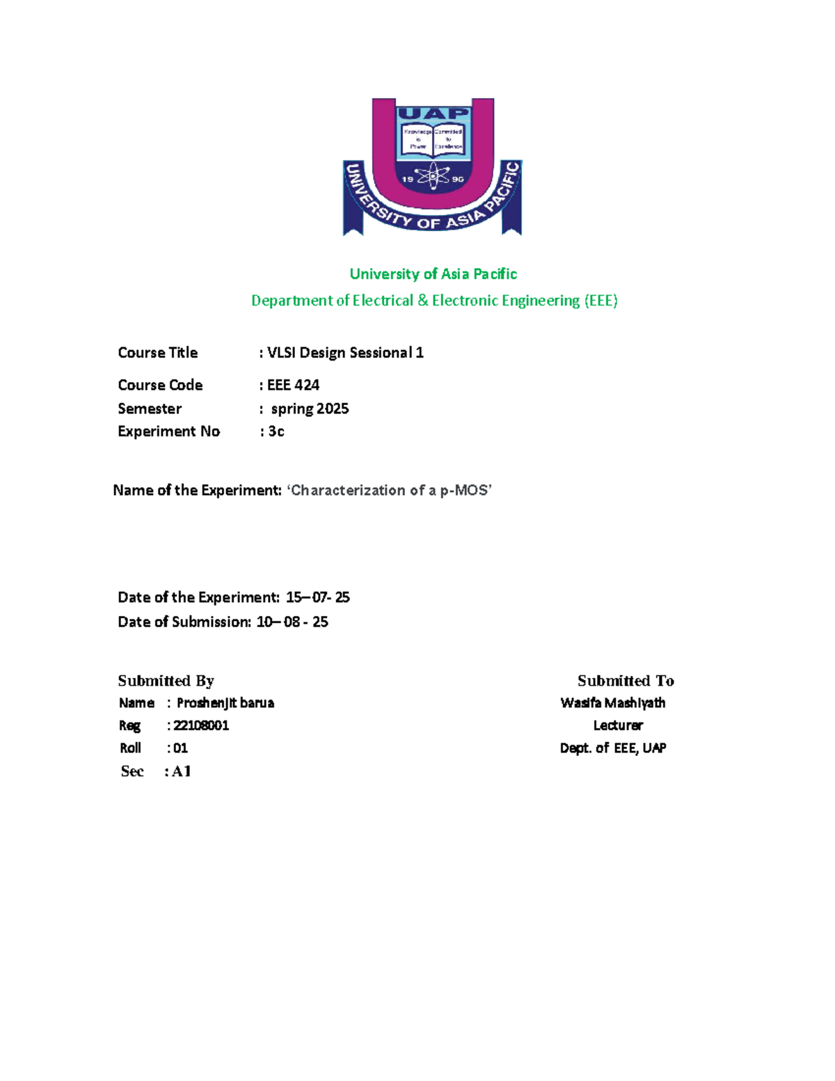 VLSI Design Experiment 424: Analyzing NMOS Characteristics - Studocu
