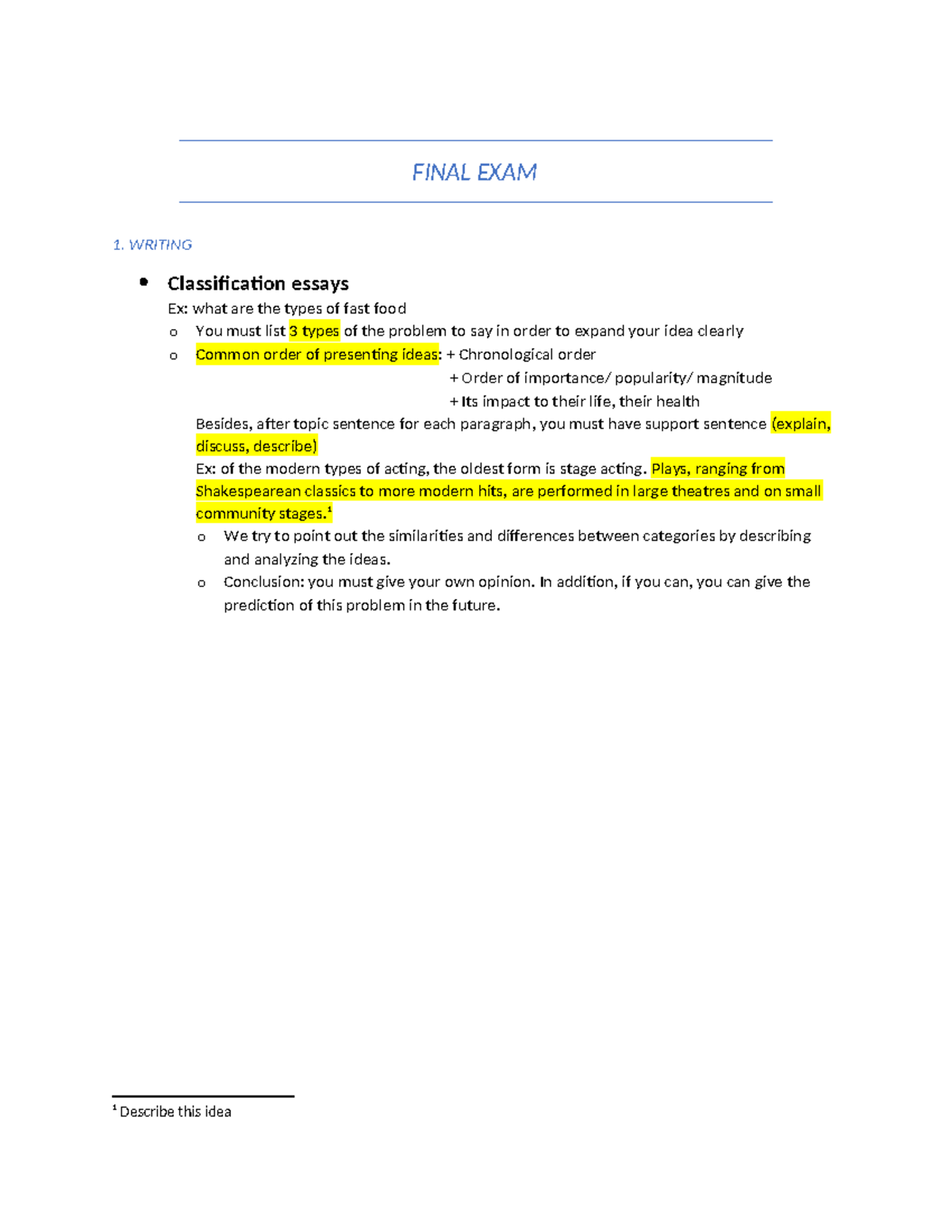 Final EXAM - tài liệu NVA - FINAL EXAM 1. WRITING Classification essays ...