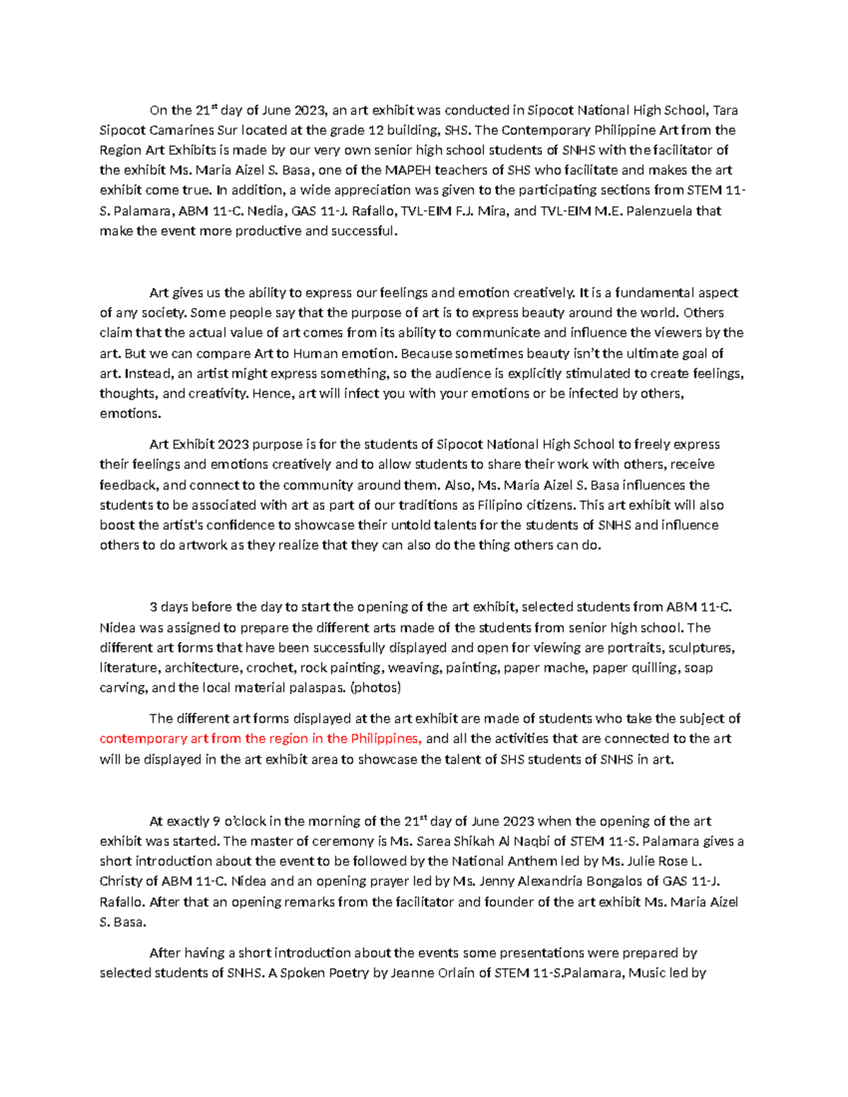 Art Exhibit 2023: Showcasing Talent at SNHS (CPAR) - Studocu