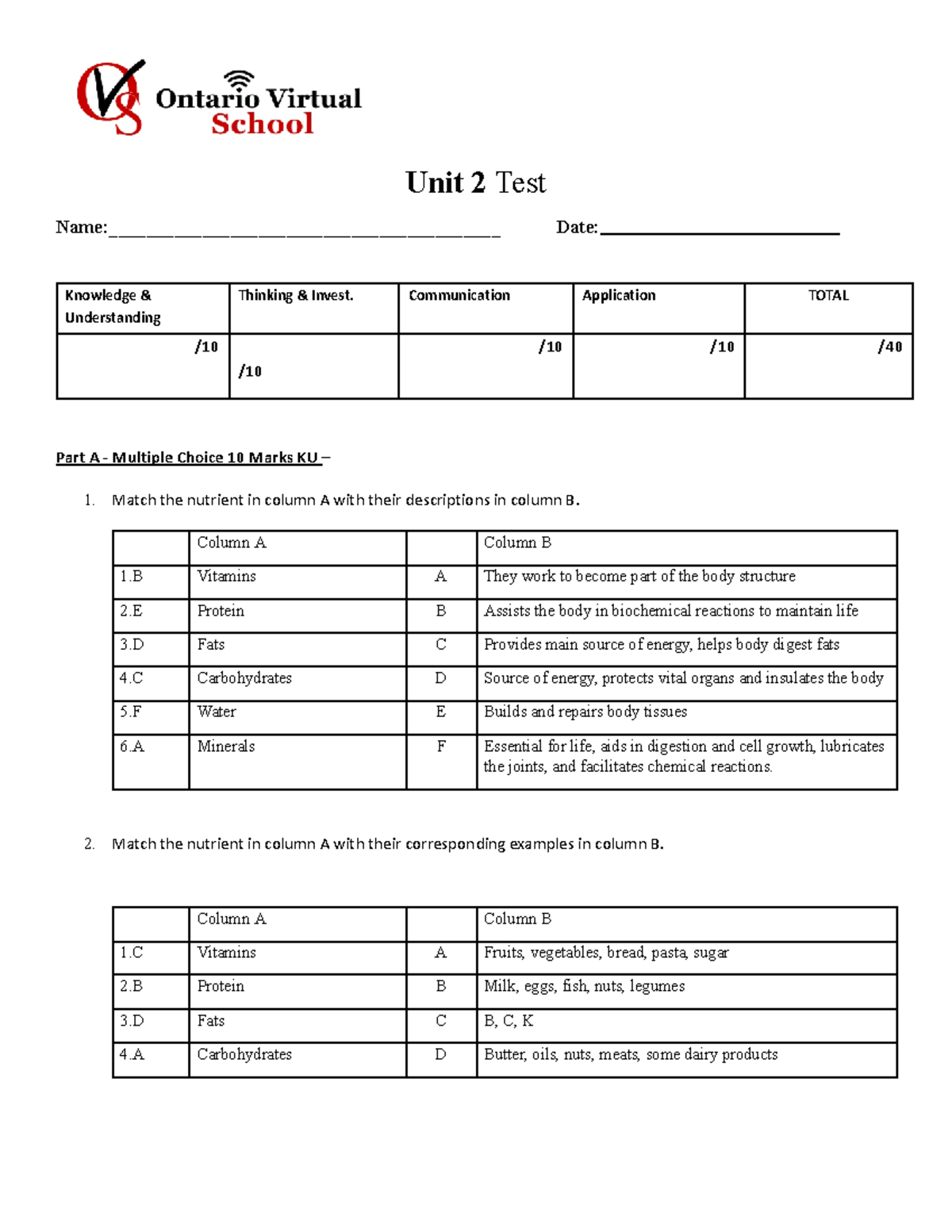 HFA4U Unit Test 2: Nutritional Knowledge & Food Guide Insights - Studocu