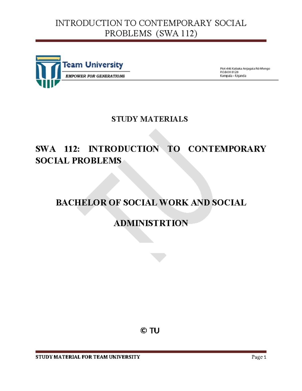 SWA 112: Study Materials on Contemporary Social Problems - Studocu