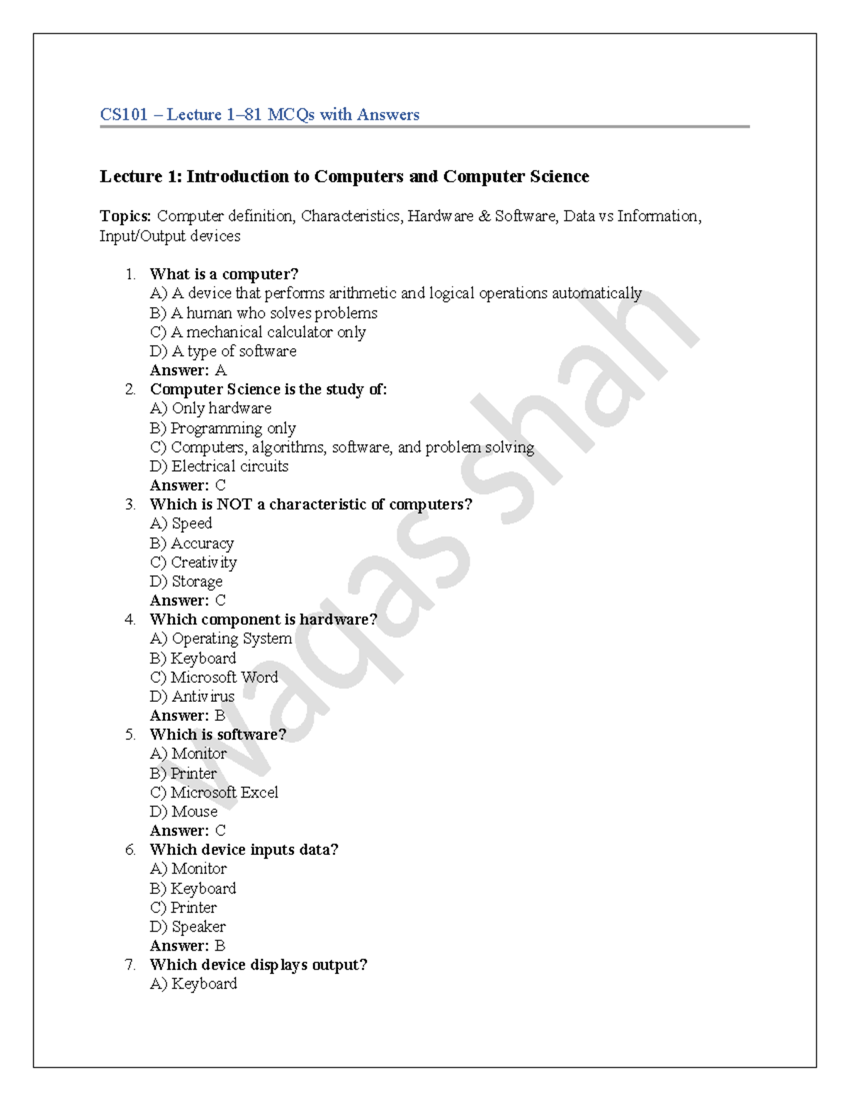 CS101 Lecture MCQs Compilation: Essential Study Guide for Students ...