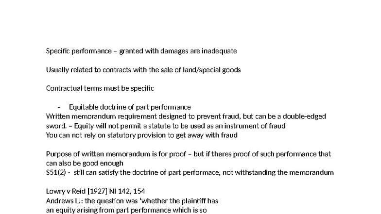 Contract Law: Specific Performance & Part Performance Analysis - Studocu