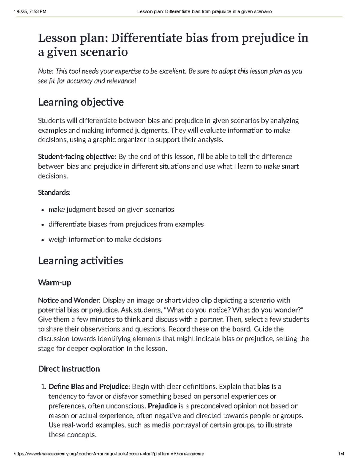 7:53 PM Lesson Plan: Distinguishing Bias from Prejudice in Scenarios ...