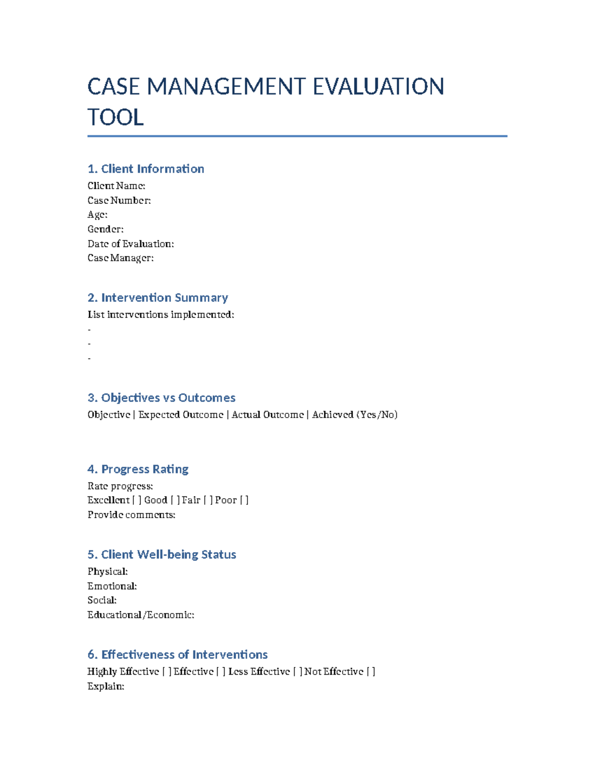 CASE MANAGEMENT EVALUATION TOOL: Client Assessment & Progress Report ...