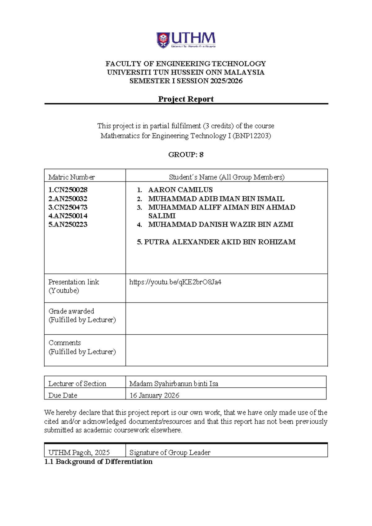 Project Report on Differentiation and Integration (BNP12203) - Studocu